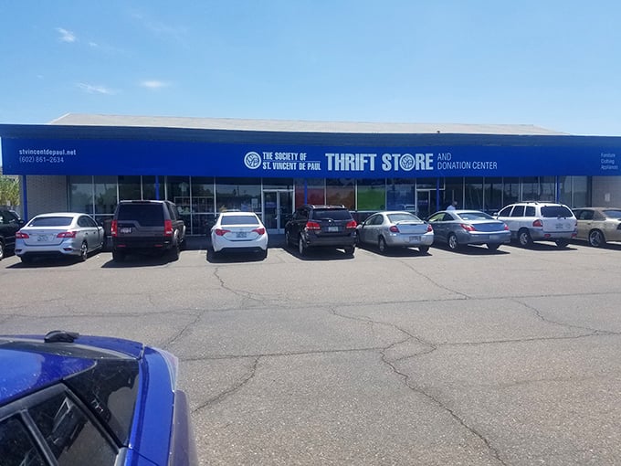 Blue heaven for bargain lovers! St. Vincent de Paul's Sunnyslope store stretches like an ocean of deals under the Arizona sky.