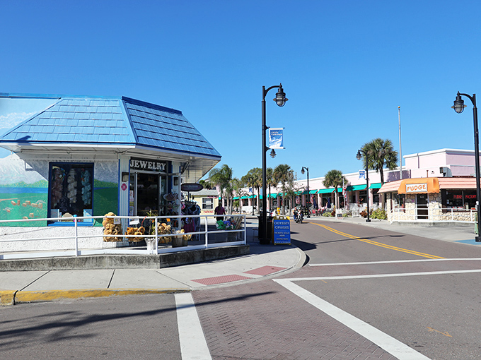 Tarpon Springs' vibrant shopping district showcases its Greek heritage with blue-topped buildings and palm trees&mdash;Mediterranean meets Florida in perfect harmony.