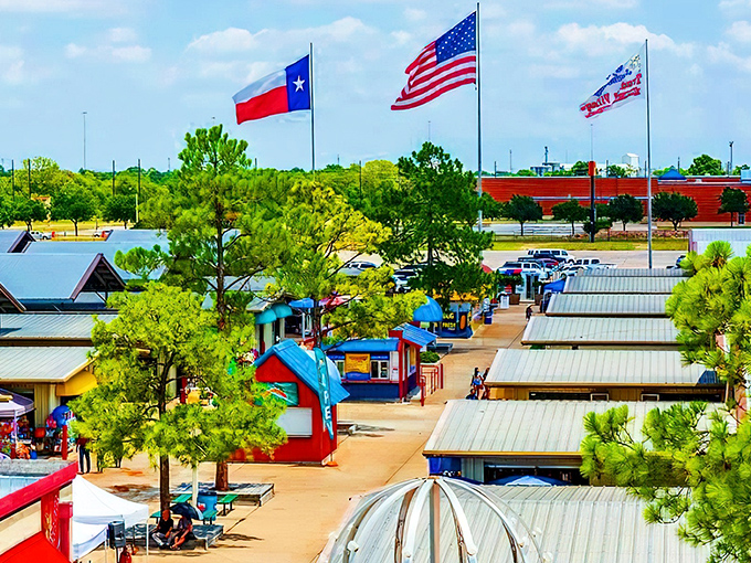Traders Village Houston flies its flags proudly—Texas-sized shopping under those famous blue skies where treasures await discovery.