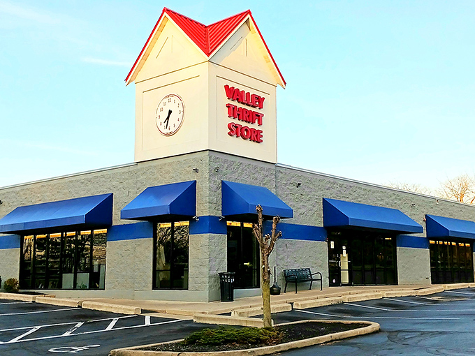 Valley Thrift Store's iconic clock tower and blue awnings stand out like a beacon for bargain hunters. Time literally stops when you're treasure hunting!