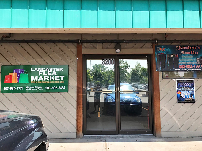 Lancaster Flea Market's turquoise-trimmed entrance promises adventures in bargain hunting behind those unassuming doors.