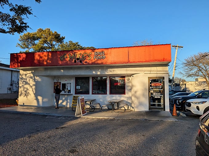 Same building, different light &ndash; Big Mike's Soul Food looks just as inviting in the sunshine as it does in the shade.