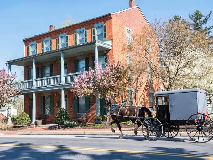 Historic brick meets horse power! This Bird-in-Hand building has probably seen more stories than your Netflix queue.