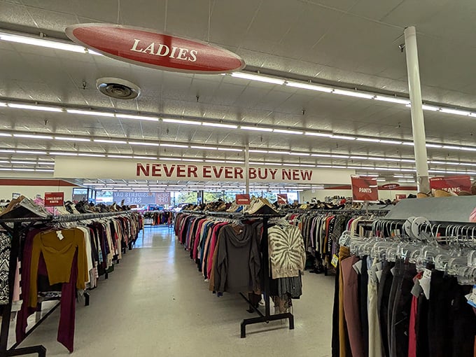 "NEVER EVER BUY NEW" &ndash; now that's a manifesto I can get behind! These clothing racks stretch like an endless buffet of fashion possibilities.