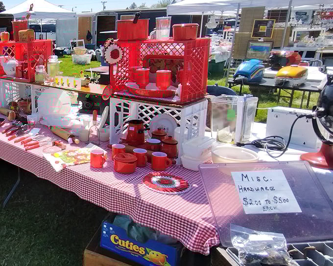 Red checkered tablecloths and retro kitchenware &ndash; this vendor's display is like stepping into a 1950s Better Homes & Gardens spread.