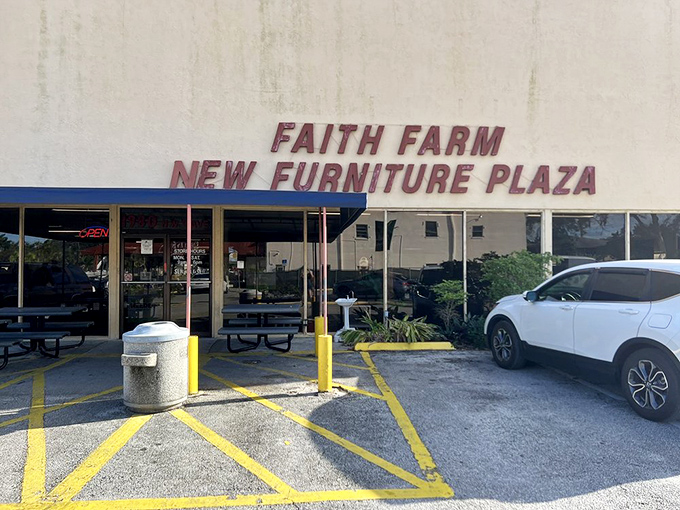 Blue awnings and palm trees welcome bargain seekers to Faith Farm. Florida thrifting with a tropical backdrop!