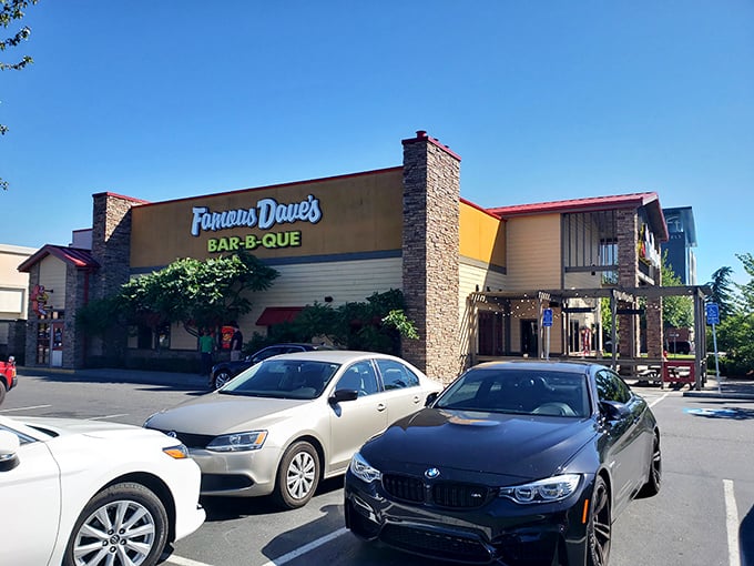 Sunshine gleams off Famous Dave's welcoming exterior &ndash; a modern-day oasis for road-weary travelers seeking smoky salvation.