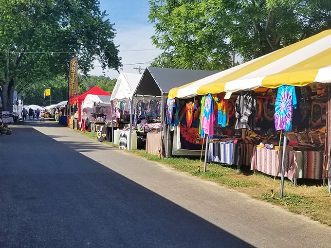 Rows of vibrant merchandise under summer skies&mdash;Friendship's market transforms ordinary fields into extraordinary shopping adventures.
