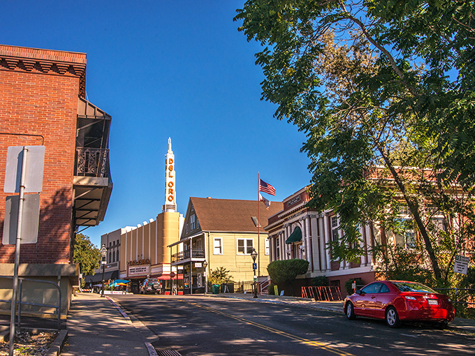 The clock tower stands tall over Grass Valley's Main Street, where time seems to move at a gentler pace.