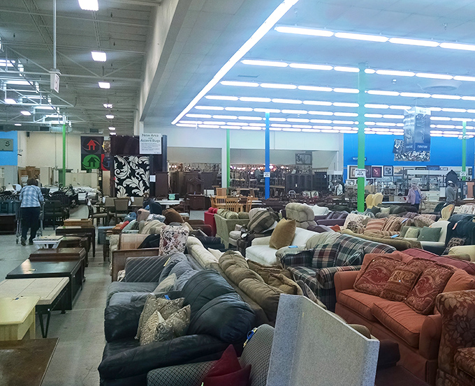 Couches upon couches at Habitat ReStore&mdash;enough seating for a family reunion of the Kardashians and the Waltons combined.