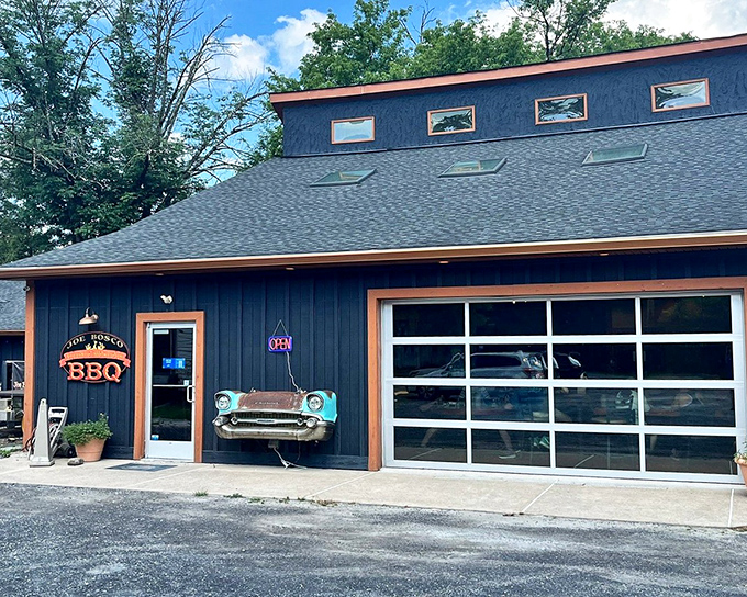 Blue as the smoke ring on perfect brisket, Joe Bosco's exterior hints at the authentic treasures inside.