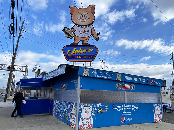 The bright blue exterior of John's Roast Pork is like a sandwich oasis in the urban landscape&mdash;a colorful promise of deliciousness.