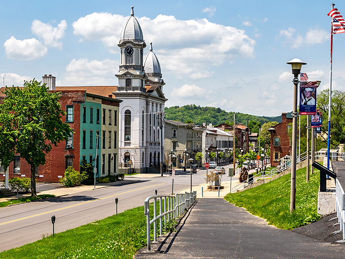 The perfect small-town vista: Lock Haven's tree-lined main street leads the eye straight to that charming white gazebo. 
