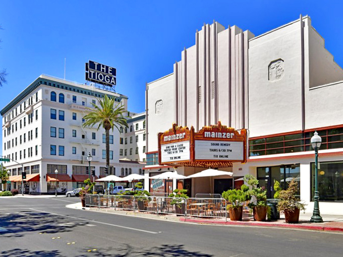 The Mainzer's art deco facade brings a touch of Hollywood glamour to downtown Merced. Just add popcorn and you're ready for showtime!