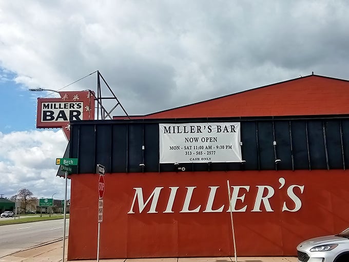 The no-nonsense signage at Miller's Bar promises exactly what you'll get: legendary burgers without the fancy frills.