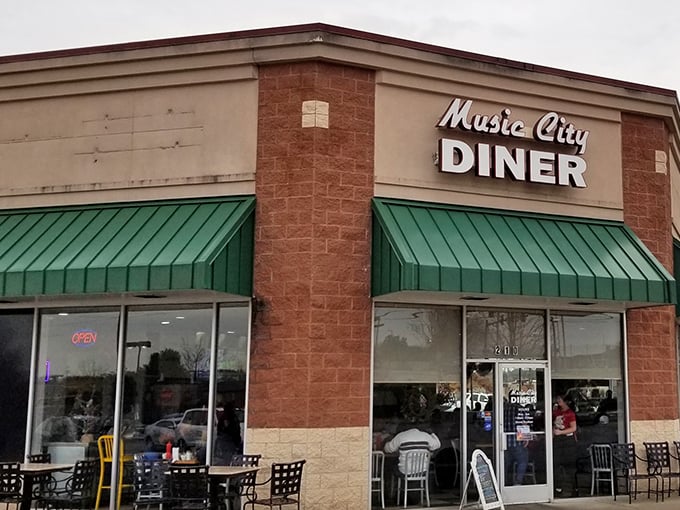 Those green awnings at Music City Diner welcome hungry patrons like an old friend saying "come on in, the coffee's hot!"