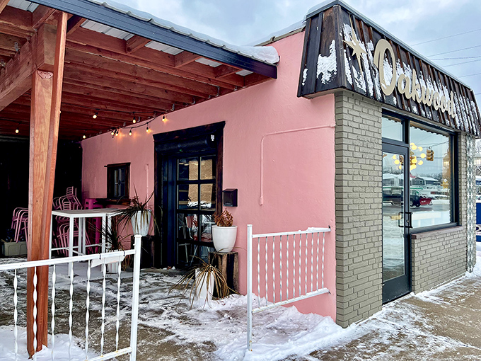 Winter can't stop Oakwood's charm. That pink building against the snow is like finding a warm burger oasis in a Michigan winter wonderland.