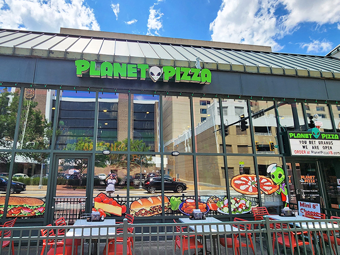 Where extraterrestrial meets extraordinary pizza. Planet Pizza's green alien mascot promises flavors that are out of this world.