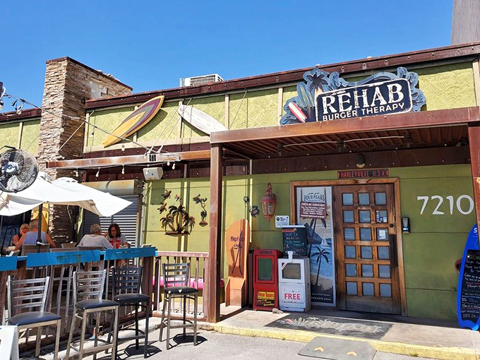 Beach meets burger at this colorful Scottsdale oasis. Rehab Burger Therapy's tropical vibe is the perfect setting for some serious patty therapy.