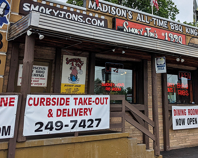 Madison's BBQ royalty stands proud with its "All-Time BBQ King" sign – a bold claim backed by seriously good smoke.