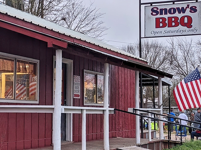 Snow's BBQ (Lexington): Saturday's sacred temple of smoke. The American flag flies proudly alongside BBQ perfection.
