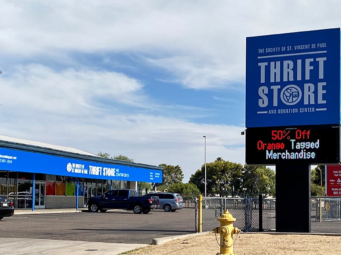 The thrift store with a mission. St. Vincent's bright blue fa&ccedil;ade promises both amazing deals and the chance to help others.
