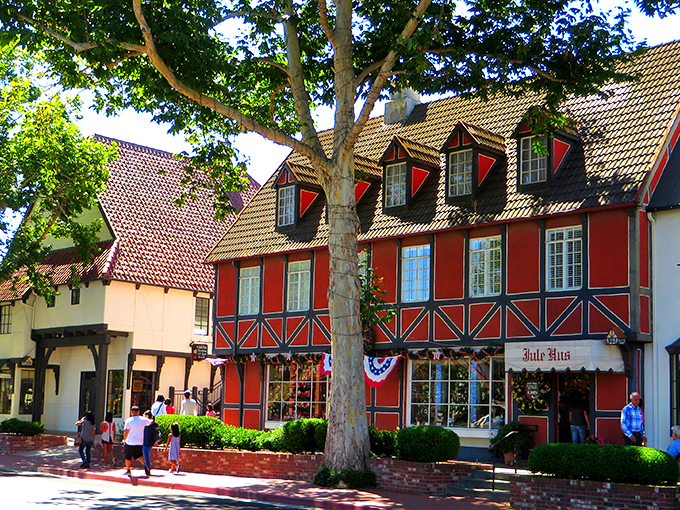 Red timber-framed buildings that make you wonder if you took a wrong turn at Bakersfield and ended up in Denmark.