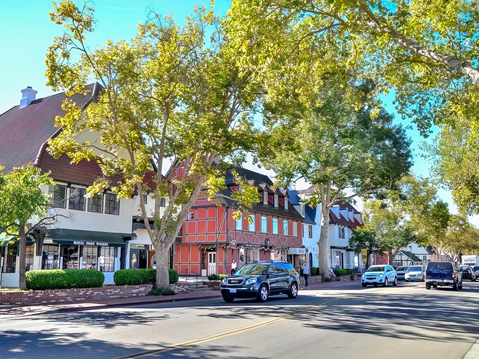 The red-tiled roofs and European charm of Solvang's downtown create a delightful cultural island in California's wine country.