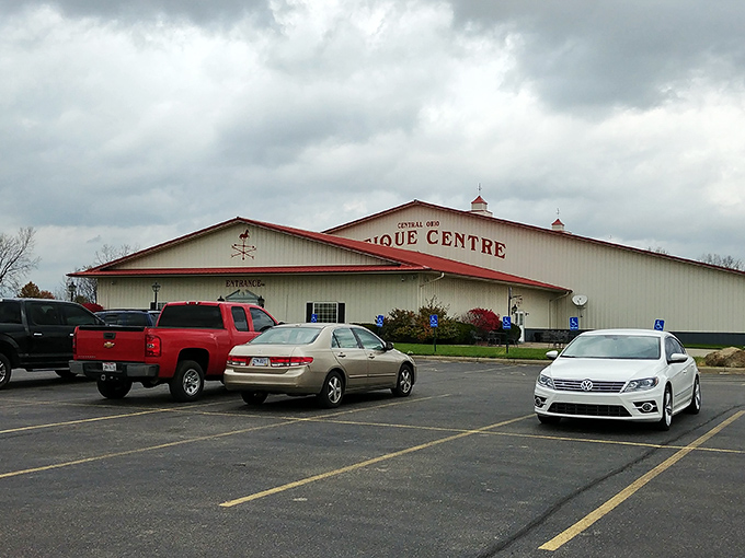 Clouds gather over the sprawling Antique Centre like they're stopping by to reminisce. Even Mother Nature can't resist a peek inside!