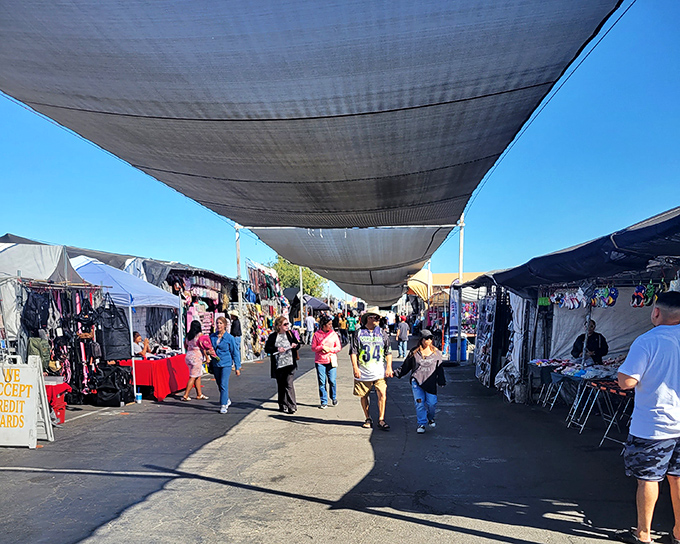 Market magic in motion! Shoppers weave through Stockton's covered walkways like bees in a hive of bargains and treasures.