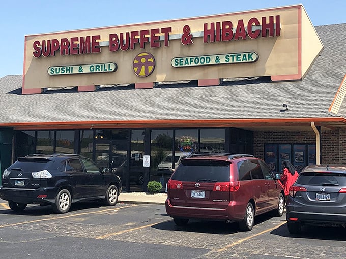 Where sushi meets hibachi meets your appetite. Supreme Buffet's storefront is like the cover of a delicious food novel.