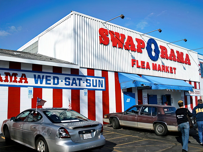 The patriotic color scheme isn't subtle, but neither are the deals inside. It's like America's garage sale got an upgrade!