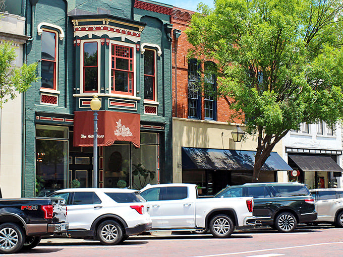 That teal storefront pops against the classic brick buildings, a splash of color in Thomasville's perfectly preserved downtown that makes window shopping an art form.