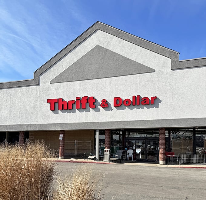 Behind these brick columns lies a thrifter's paradise. Thrift & Dollar proves that sometimes the best treasures come in plain packaging.
