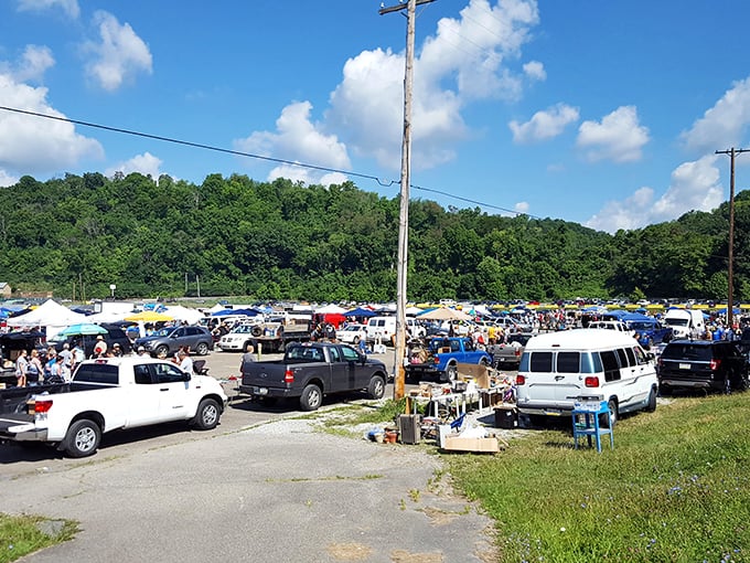 Mountains provide a picturesque backdrop at Trader Jack's. Cars and shoppers fill every available space in this bargain hunter's paradise.