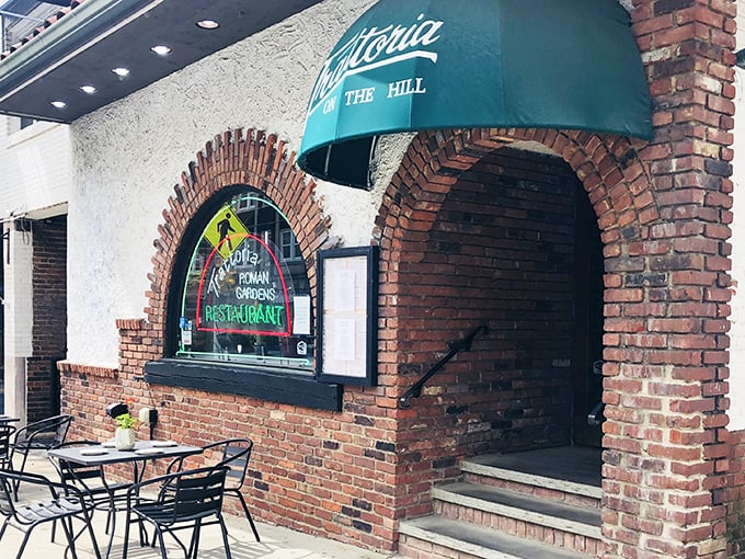 Brick, neon, and the promise of perfect pasta. Trattoria Roman Garden's facade is Cleveland's version of a Roman holiday.