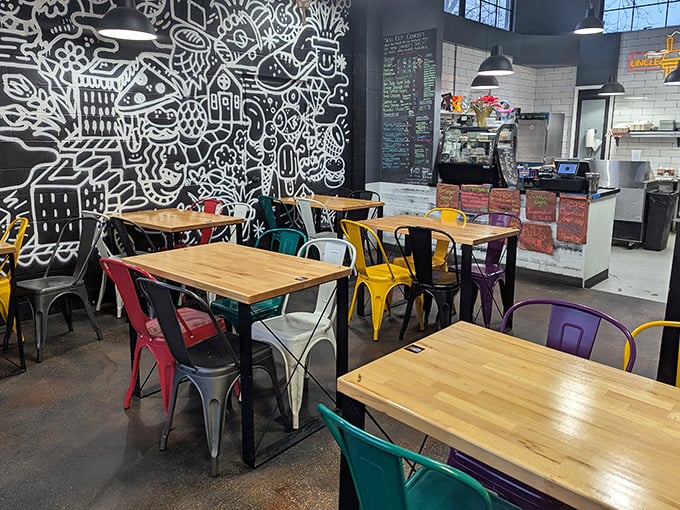 Funky chairs and artistic walls make Uncle John's interior as colorful as its flavor profiles. Hipster meets pitmaster!
