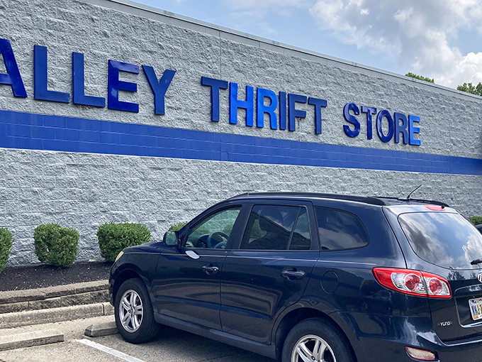 The clean lines and bright blue trim make this thrift store impossible to miss. Wallet-friendly wonders await inside!