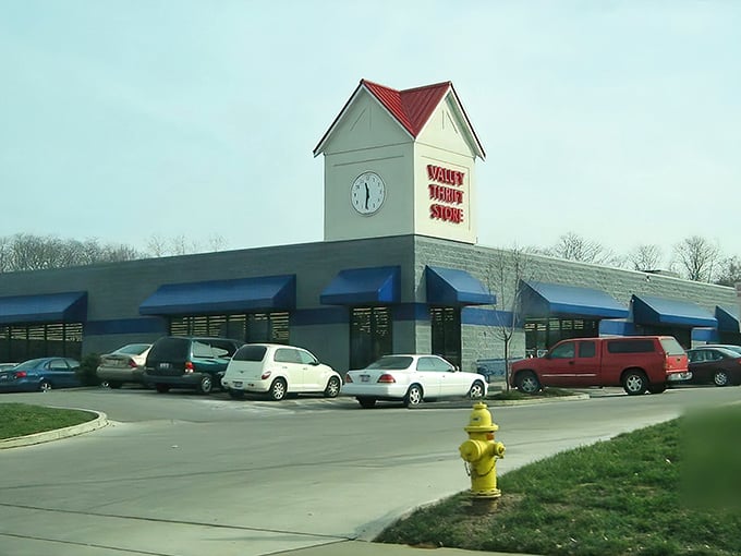 Cars fill the lot at Valley Thrift, where savvy shoppers know the early bird gets the vintage worm.