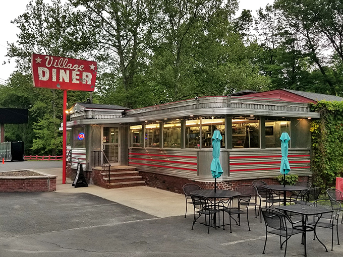 Outdoor seating at the Village Diner &ndash; where your pancakes taste even better with a side of fresh air.