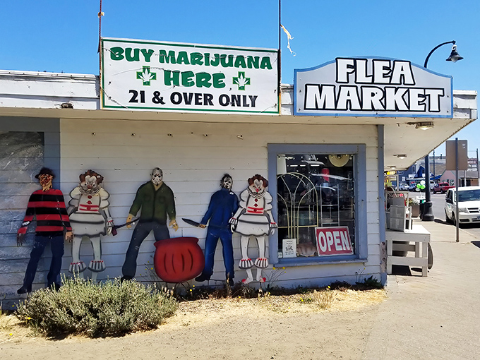 Halloween brings out the spooky side of Waldport Flea Market, where horror movie icons stand guard over a world of coastal curiosities.