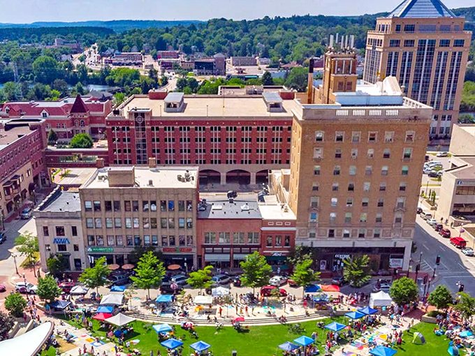 Wausau from above shows a city that knows how to throw a party. Those colorful tents in the square are like sprinkles on Wisconsin's cake!