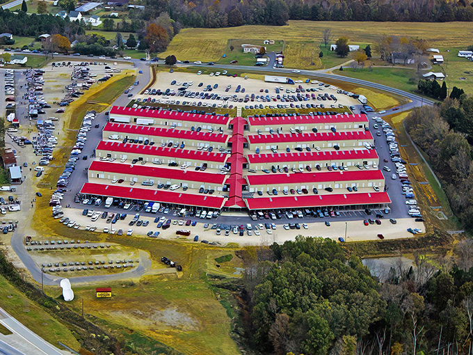 An aerial view reveals Webb Road's impressive scale. From up here, it looks like a red-roofed village dedicated to the art of the deal!