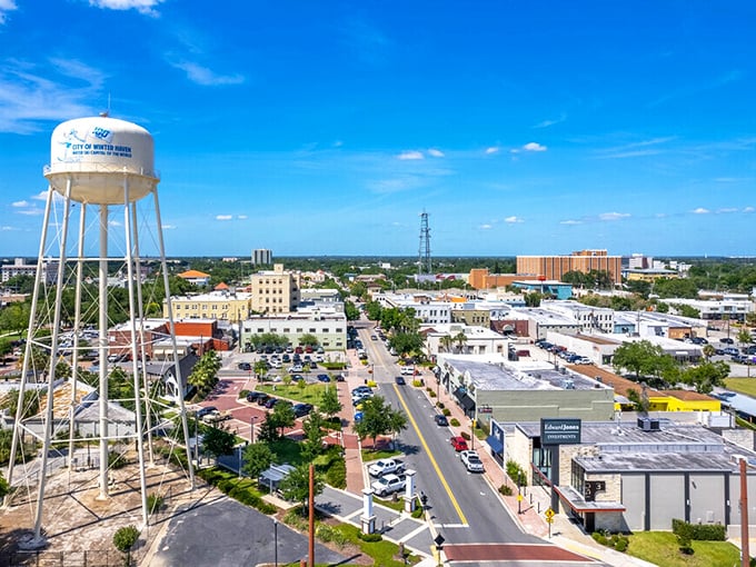 From above, Winter Haven's water tower stands like a proud parent watching over its downtown children.