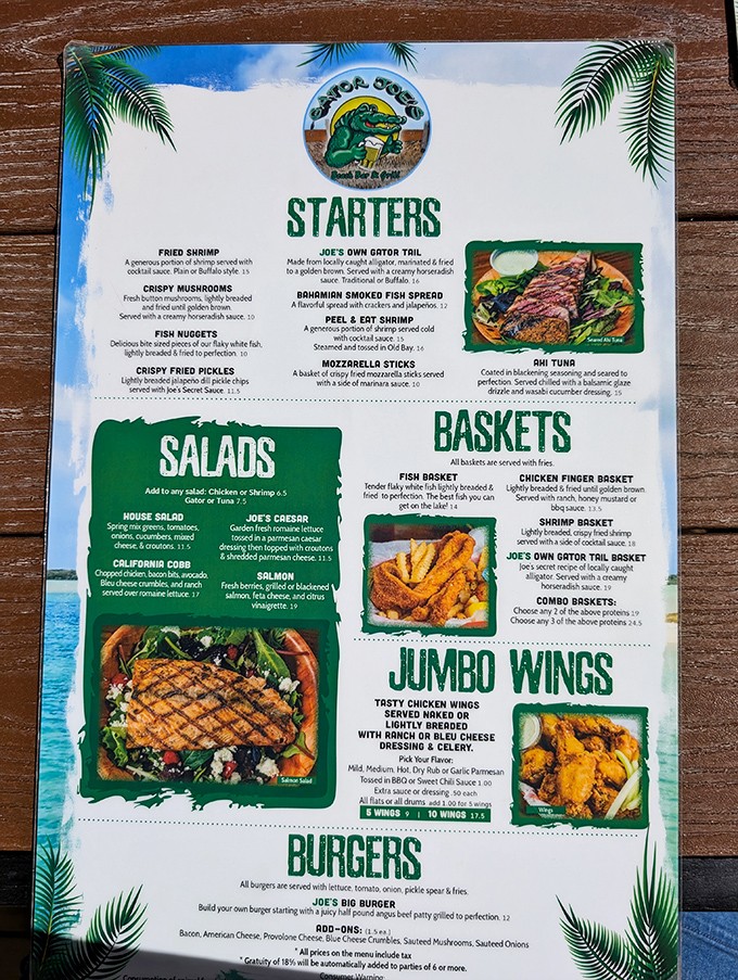 The menu reads like a love letter to Florida seafood – with fried shrimp stealing the spotlight and gator tail for the adventurous.