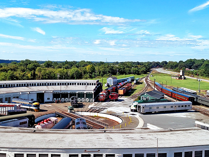 A bird's-eye view of the museum's roundhouse and turntable, the mechanical heart that once directed Southern Railway's iron giants to their service bays.