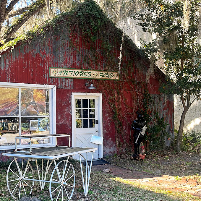 This weathered red barn proves that the best treasures hide behind the most unassuming doors.
