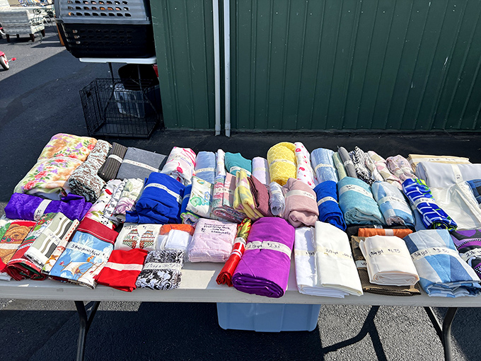 Fabric rolls await their transformation into curtains, quilts, or whatever your creative spirit demands this weekend.