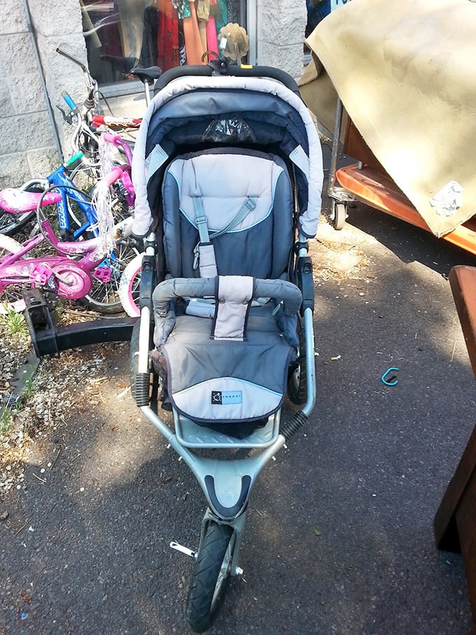 Baby gear: the stuff that costs a fortune new, gets used for fifteen minutes, then waits at REgroup for its second act at a fraction of the price. 