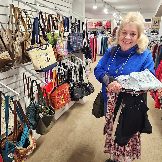 The handbag section dangles with possibilities! From nautical-themed totes to vintage leather purses, your next statement accessory is hiding in plain sight.
